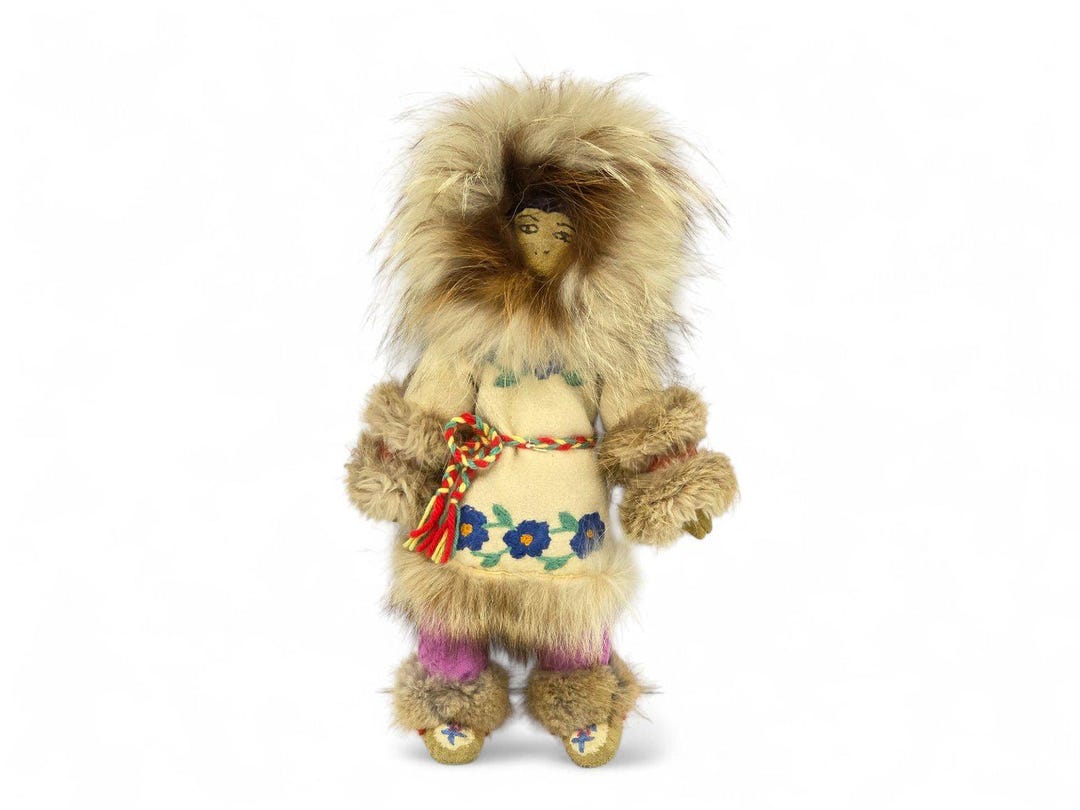 Vtg Alaska Native Eskimo Doll Embroidered Floral Wool Dress Beaver Fur ...