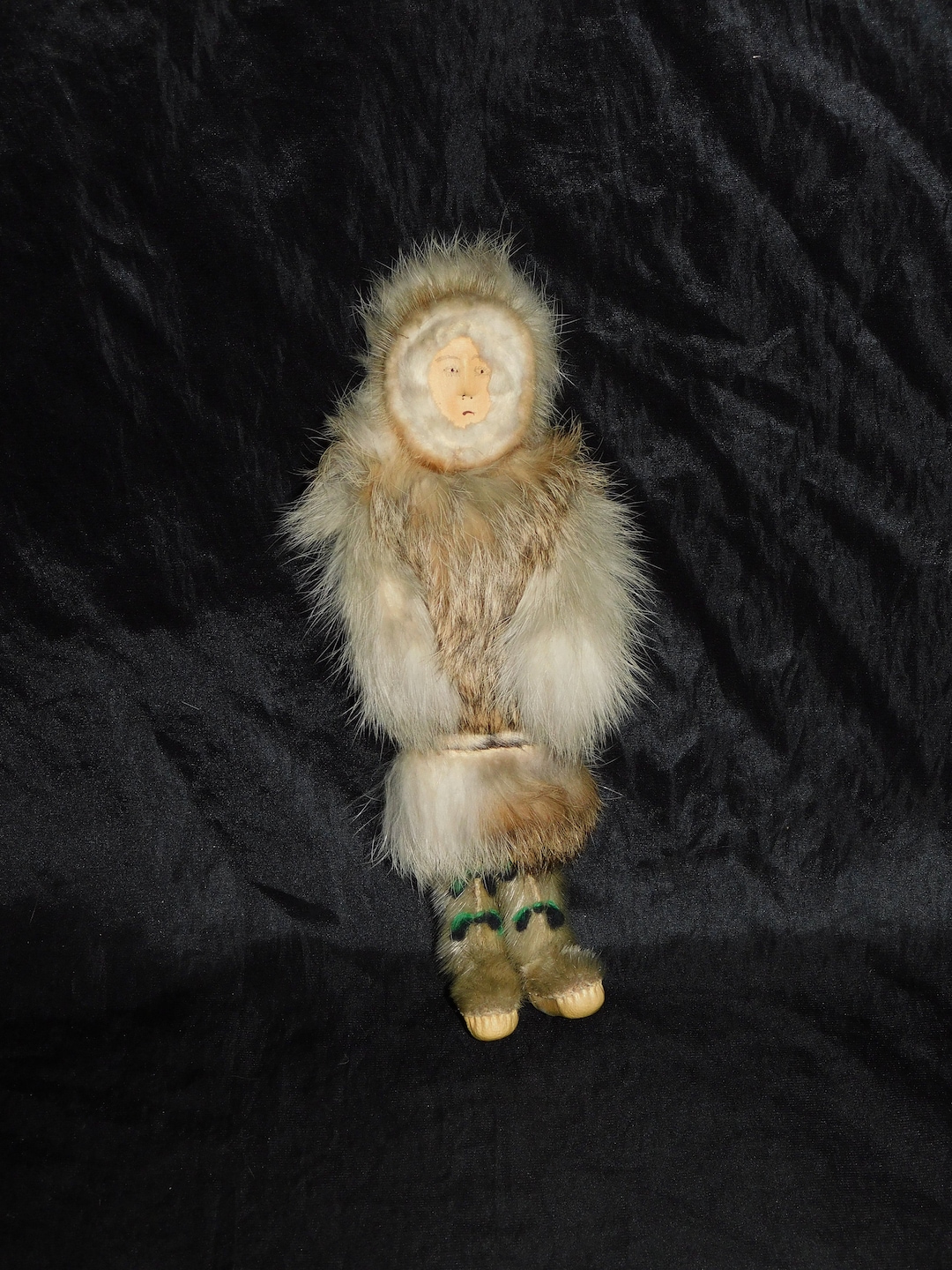 Vintage Alaska Native Eskimo Doll Fur Parka Carved Wood Face Beaded ...