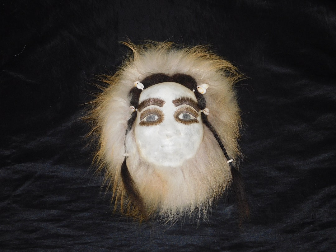Vintage Alaska Eskimo Ghost Girl Mask Caribou Skin Fox Fur Ruff Trim ...