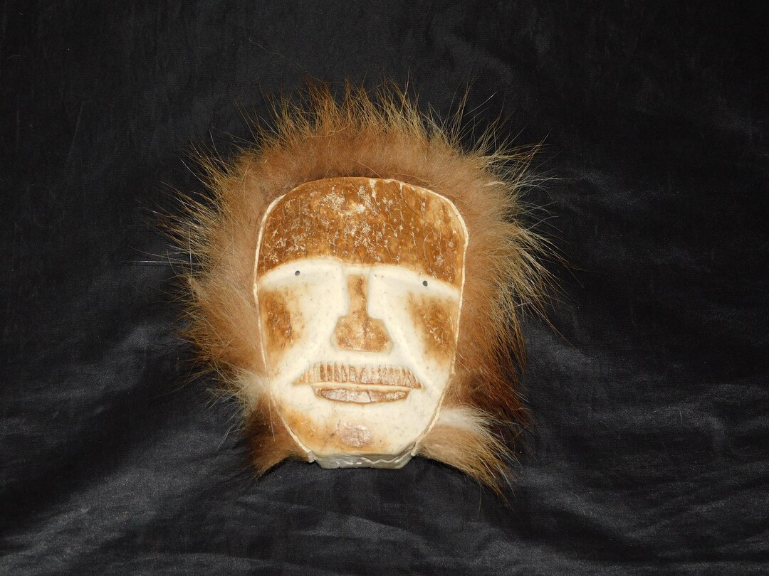 Alaska Native Eskimo Carved Bone Face Mask Wall Hanging Real Fox Fur ...