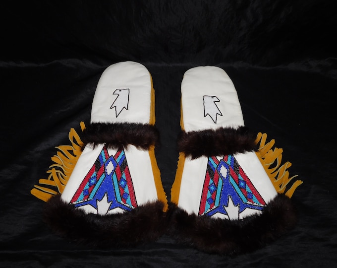 Bald Eagle Beaded Leather Gauntlet Mittens Native American Indian Made ...
