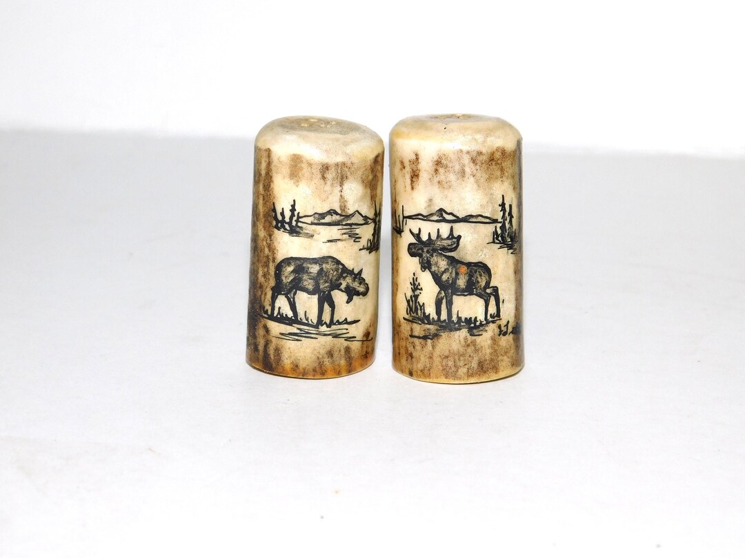 Alaska Carved Moose Antler Salt Pepper Shakers Bull Male Female ...