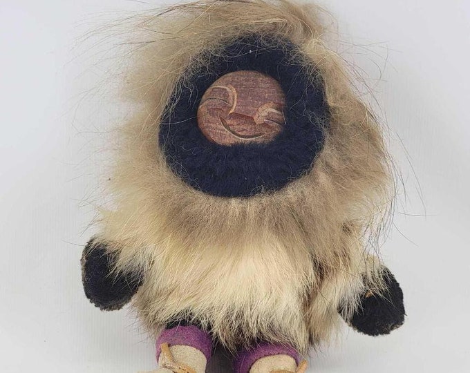 Alaska Native Eskimo Doll Carved Wood Face Fox Rabbit Fur Body Leather ...