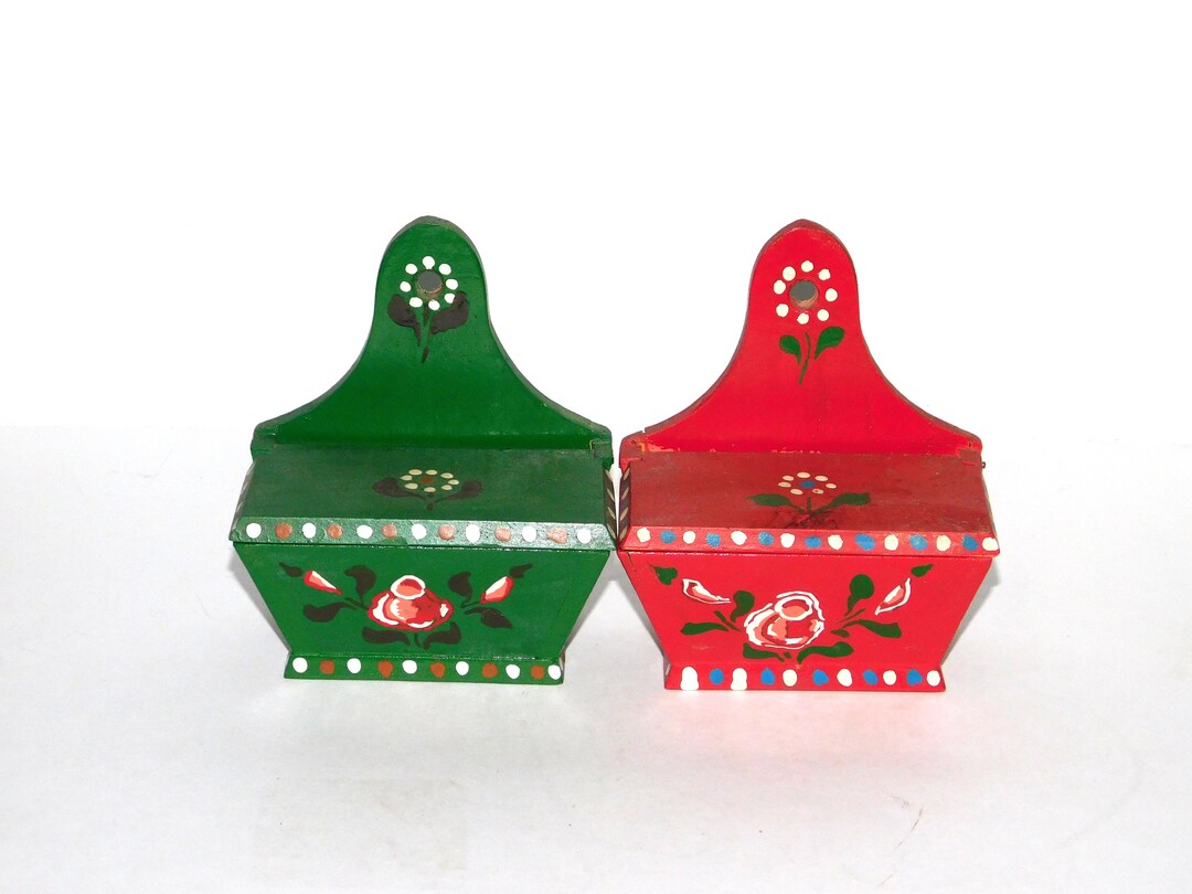 Red Green Hand Painted Folk Art Wood Wall Pocket Hanging Boxes Match ...