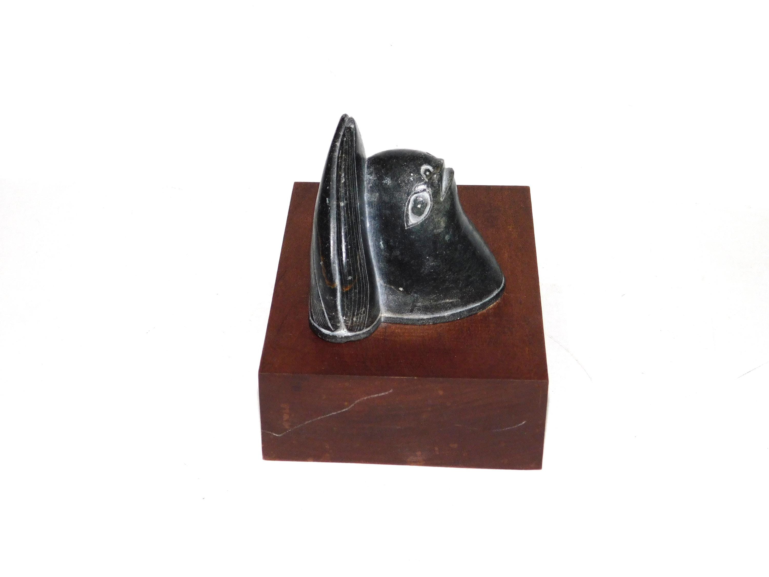 Vintage Inuit Fish Beluga Whale Soapstone Carving Fin Back on Wood Hand ...