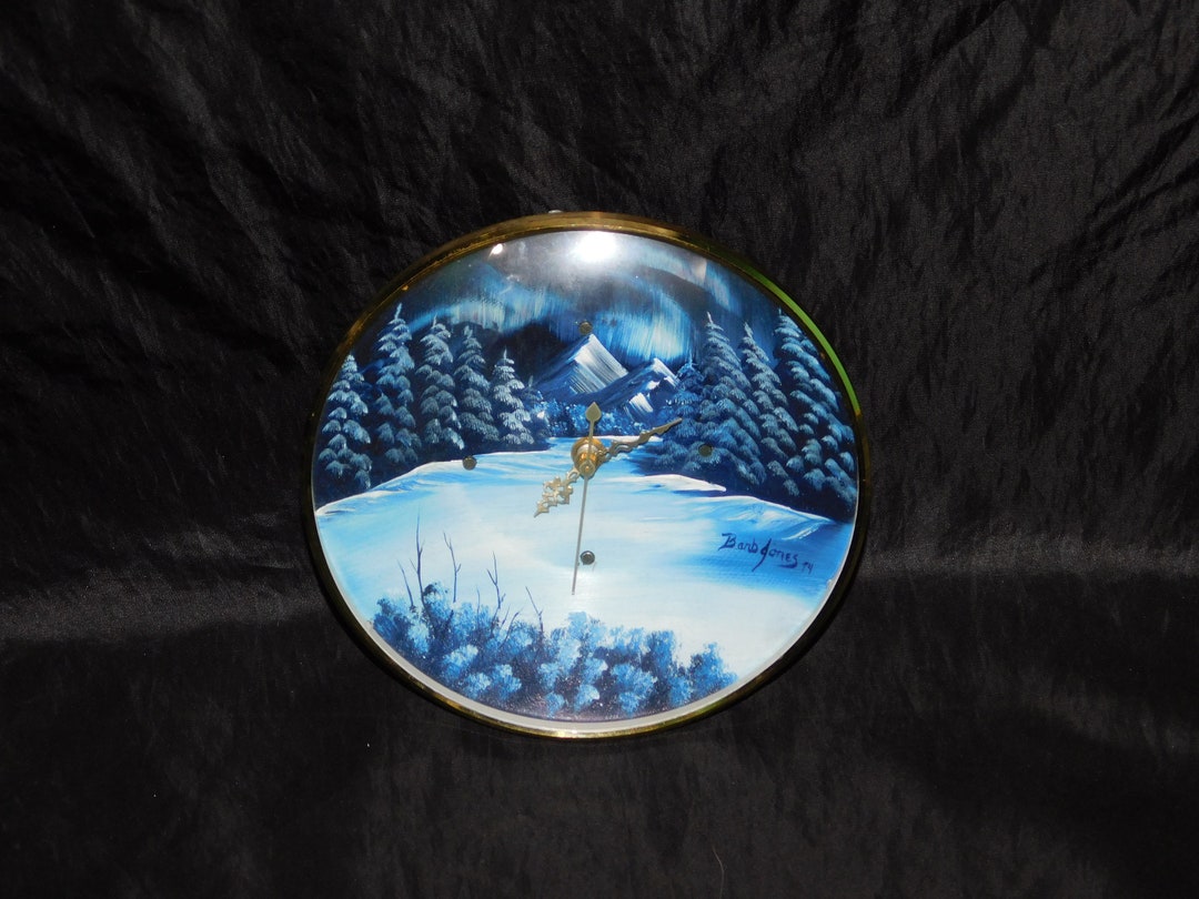 Alaska Art Painted Gold Pan Clock Winter Night Sky Snow Aurora Northern ...