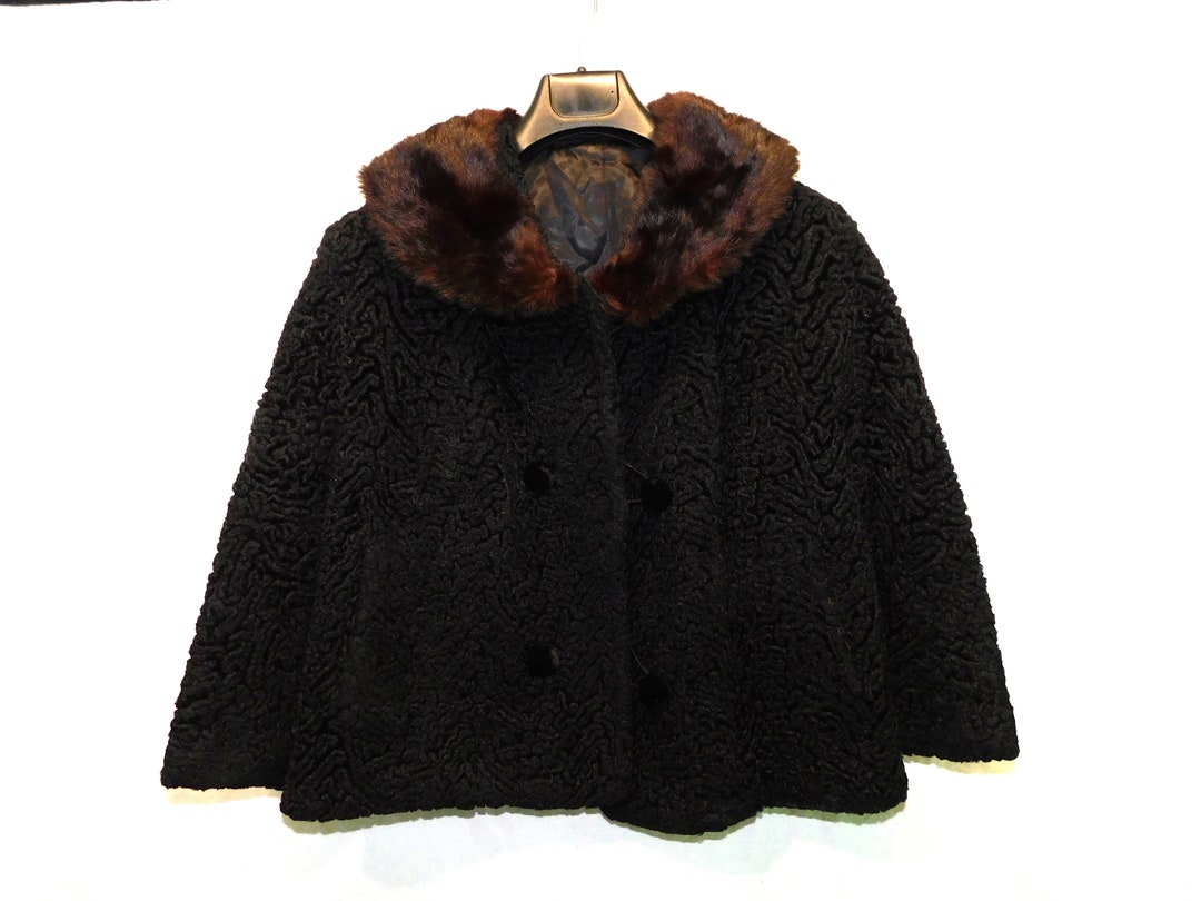Vintage S Black Persian Curly Lamb Fur Coat Reddish Brown Rabbit Fur ...