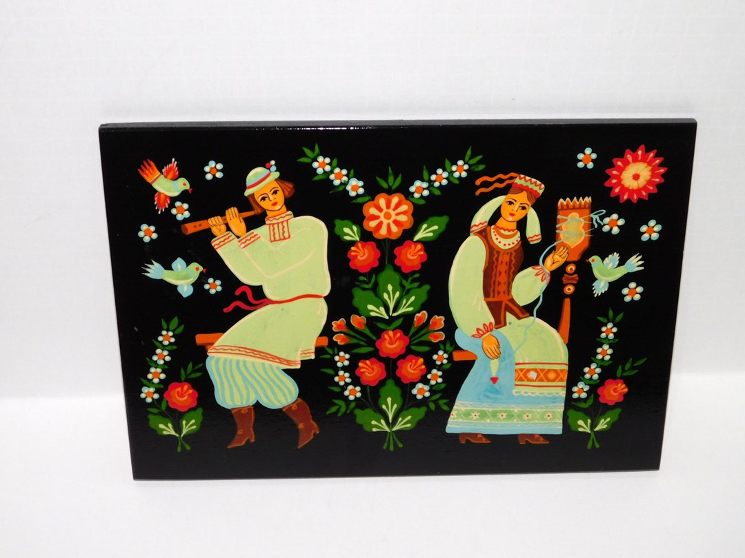 Vtg Black Russian Lacquer Picture Flute Player Weaving Princess Prince ...
