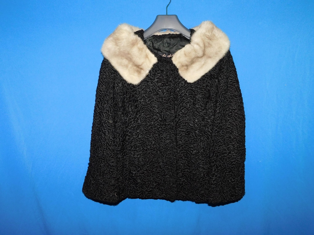 Vintage Size M Black Persian Curly Lamb Fur Coat With Gray Mink Fur ...