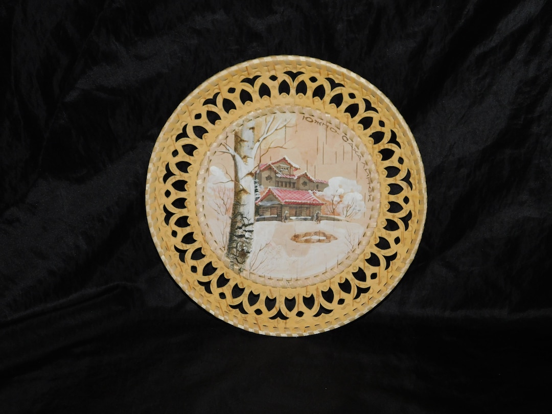 Russian Painted Birch Bark Carved Wood Border Wall Hanging Winter Snow ...