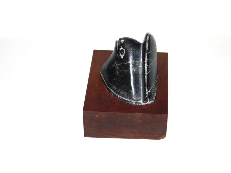 Vintage Inuit Fish Beluga Whale Soapstone Carving Fin Back on Wood Hand ...