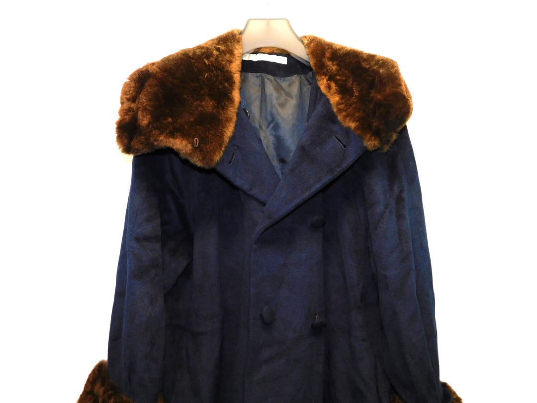 Vintage Perry Ellis 2X Blue Wool Coat With Sheared Beaver Fur Trim ...