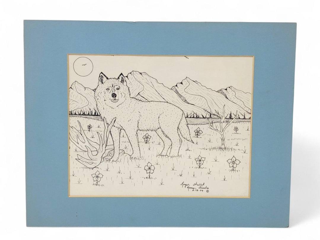 Roger Walluk Nome Alaska Eskimo Pen Ink Drawing Wolf Tundra Mountains ...