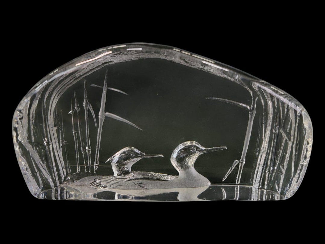 Mats Jonasson Swimming Ducks Art Glass Crystal Signed Sculpture Relief ...