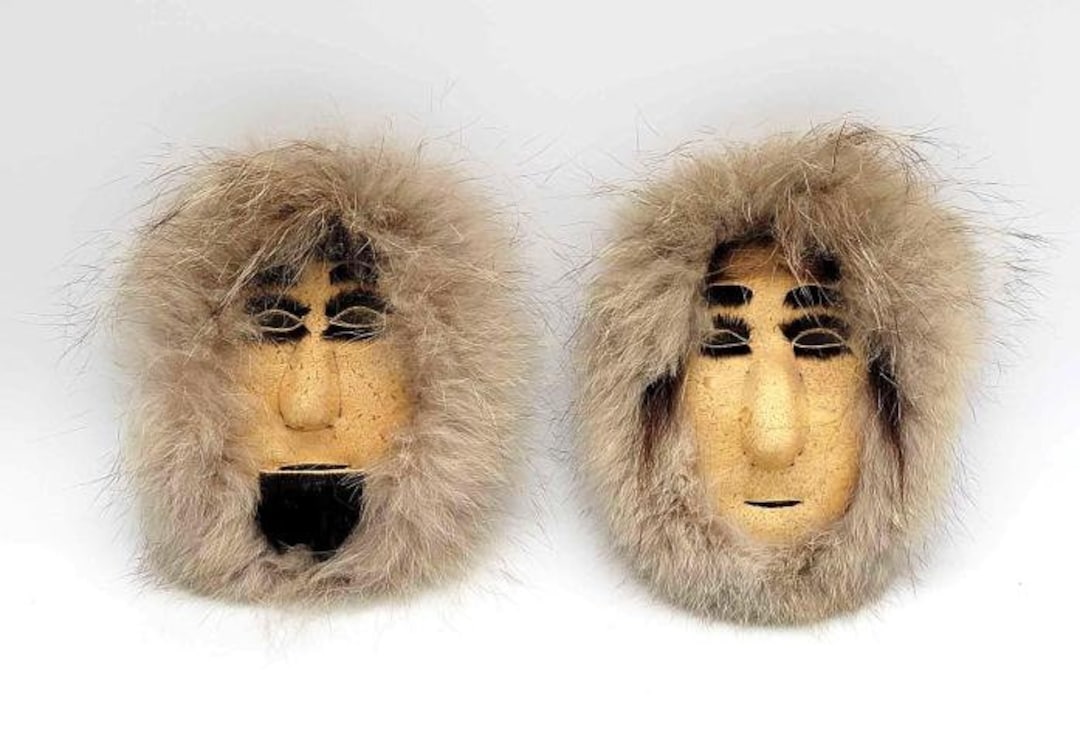 Caribou Hide Reindeer Fur Point Barrow Alaska Native Eskimo Made Masks ...