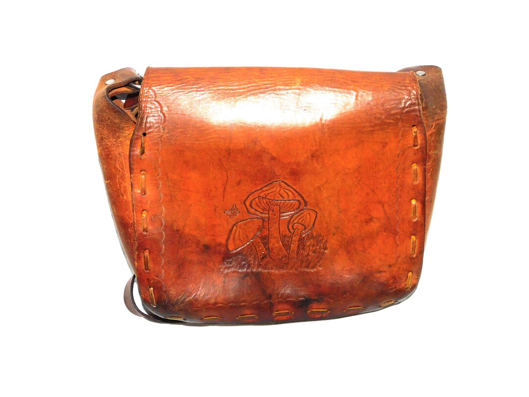 Vintage 70s Hand Tooled Brown Leather Purse Mushrooms Flowers ...