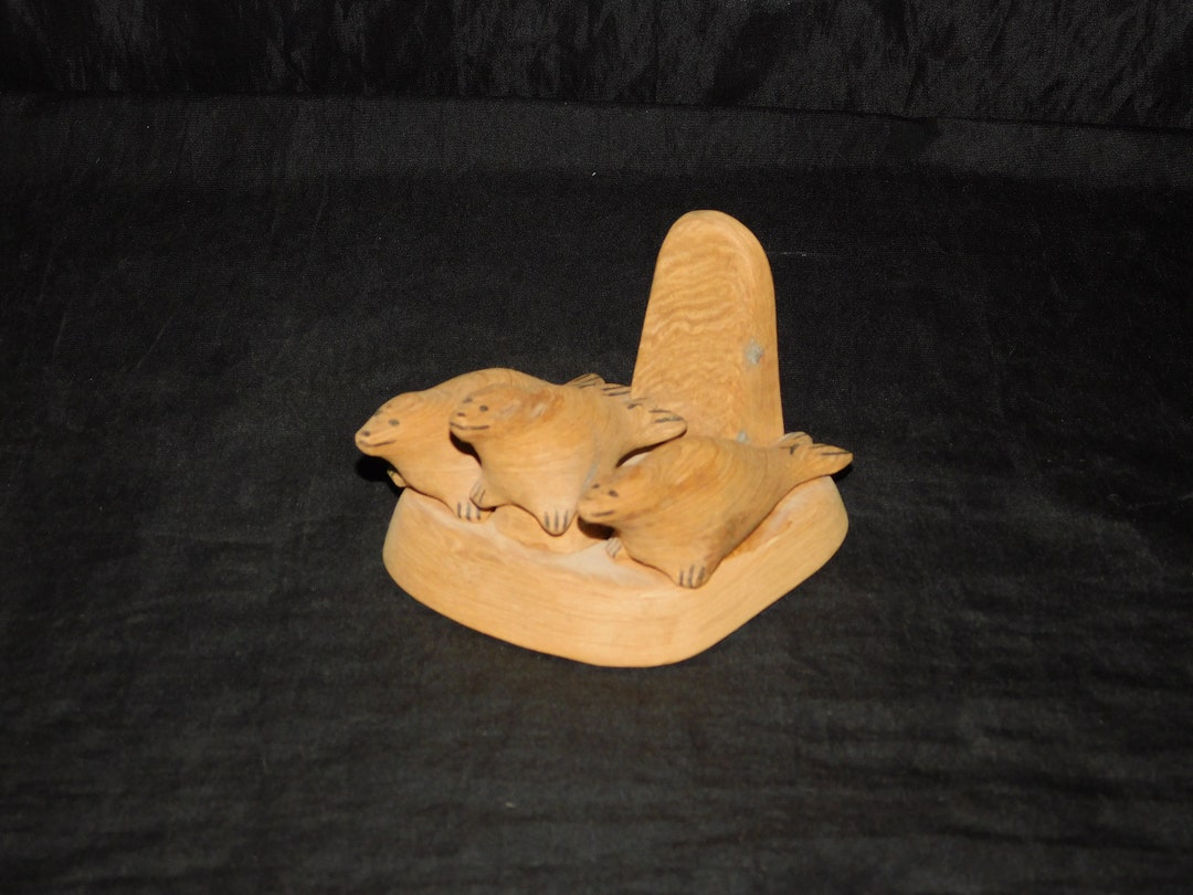 1978 Andrew Wilkie Port Heiden Alaska Carved Wood Seals Eskimo Inuit ...