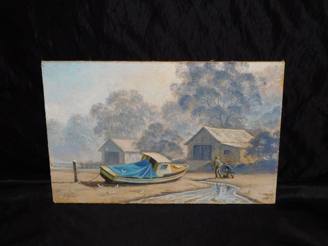 Golding Father Son Fishing Boat Stream Painting Original Art on Board ...