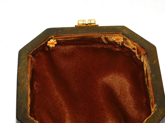 1974 Wood Purse Yellow Daisy Flowers Velvet Lined Top… - Gem