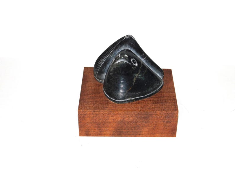 Vintage Inuit Fish Beluga Whale Soapstone Carving Fin Back on Wood Hand ...