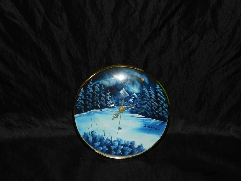Alaska Art Painted Gold Pan Clock Winter Night Sky Snow Aurora Northern ...