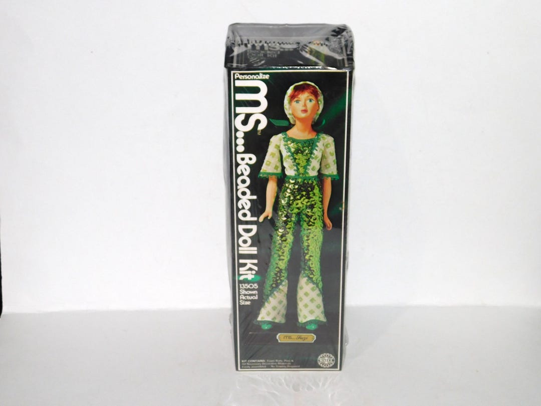 Vintage 1975 Ms Suzi Beaded Doll Kit NIP Walco Green Sequins Beads Push ...