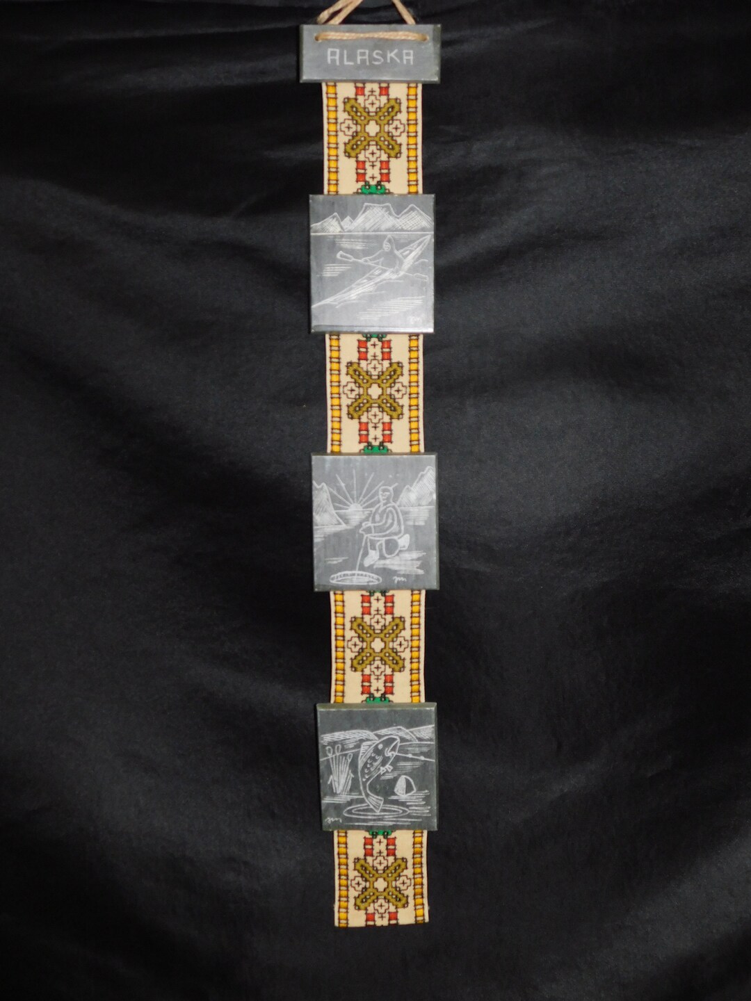 Vintage 1960s Alaska Carved Stone Tiles Wall Hanging Inuit Eskimo Kayak ...