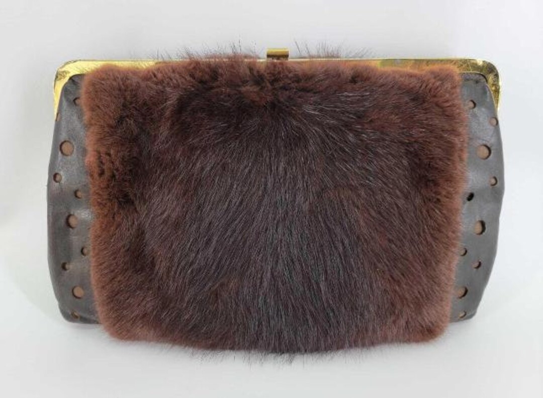 Vintage Alaska Beaver Fur Clutch Purse Dark Brown Perforated Leather ...
