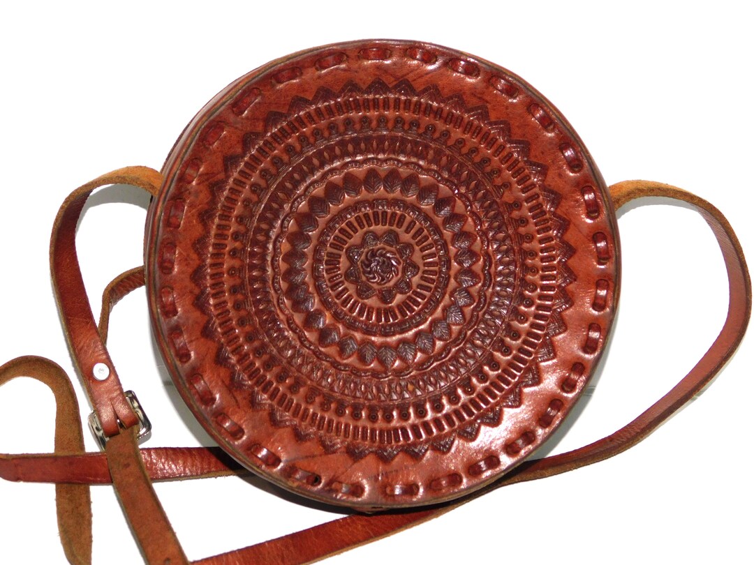 Vintage Round Brown Tooled Leather Purse Crossbody Shoulder Bag ...