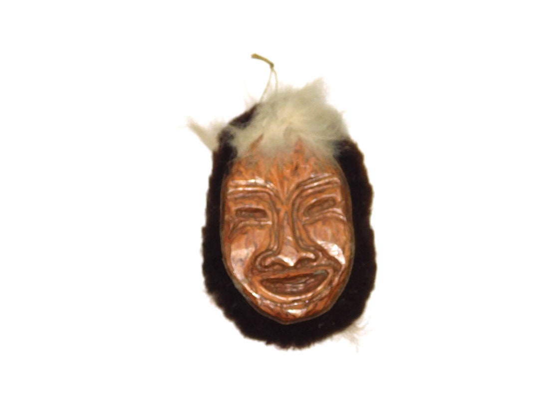 Alaska Eskimo Face Mask Carved Wood Shearling Fur Hair Trim Wall ...