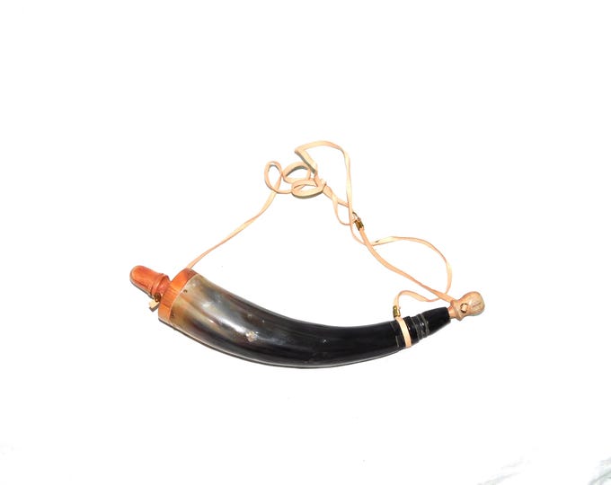 Vtg Powder Horn Replica Wood Ends Leather Strap Water Buffalo Horn 12 ...