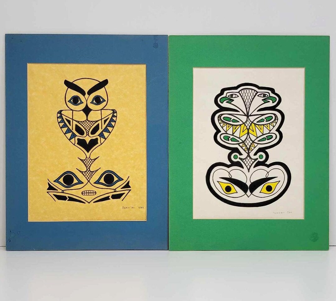 Alaska Formline Totem Paintings Blue Owl Green Yellow Eagle Bird Crest ...