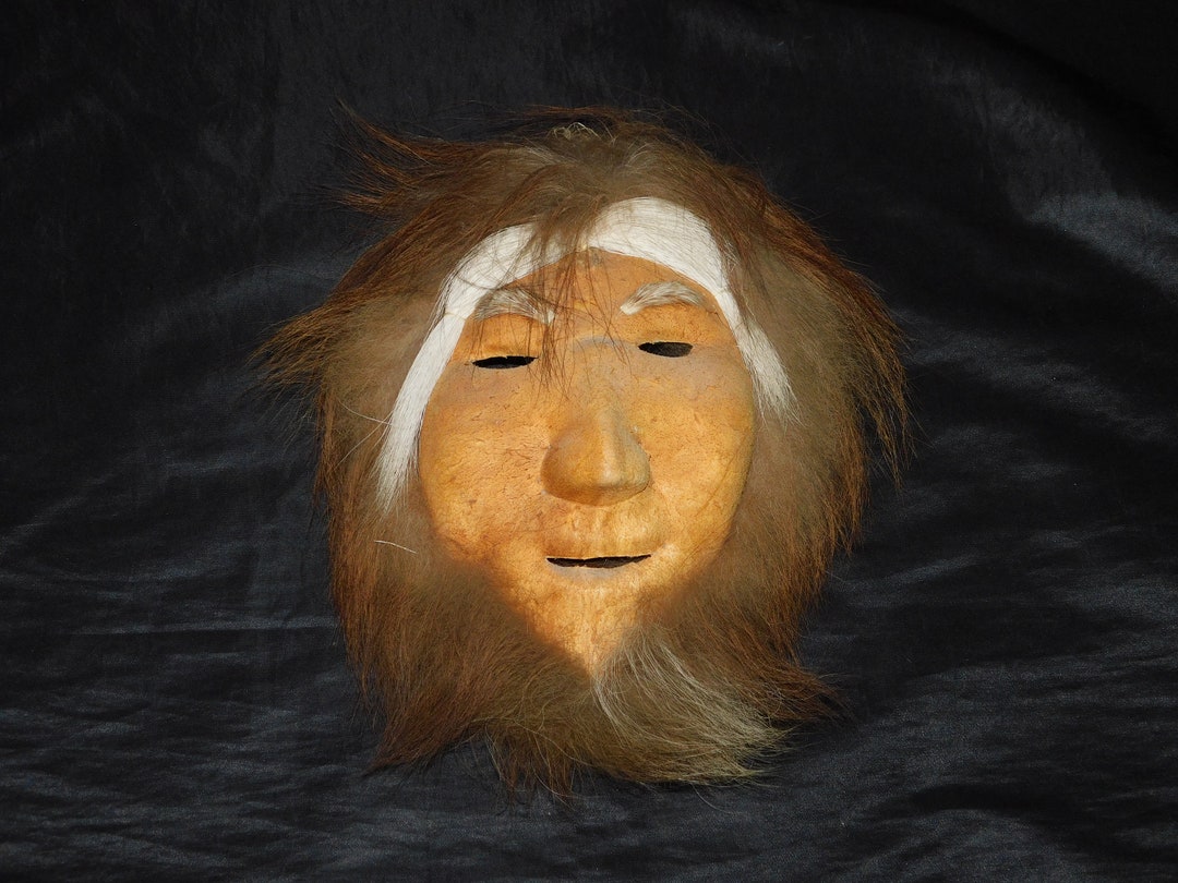 Alaska Native Eskimo Happy Man Mask Anaktuvuk Caribou Hide Fox Fur Trim ...