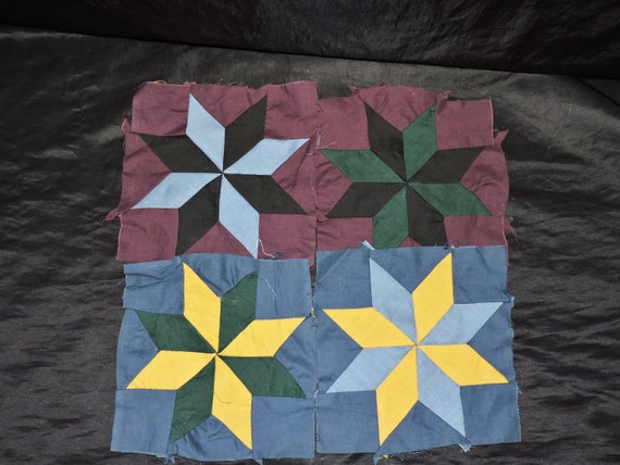 Lot Set 4 Quilt Blocks Pieced Stars Cotton Fabric Blue Purple | Etsy