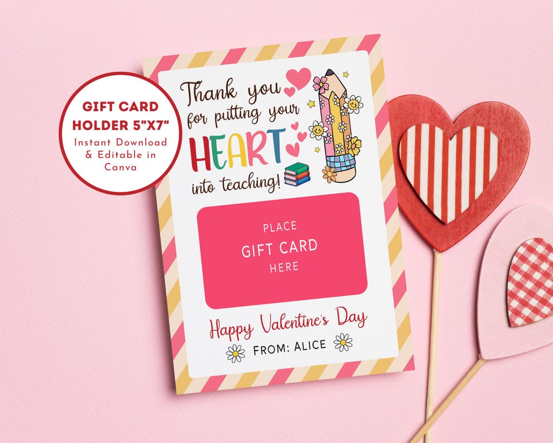 Teacher Valentine Gift Card Holder, Editable Canva Template (PDF ...