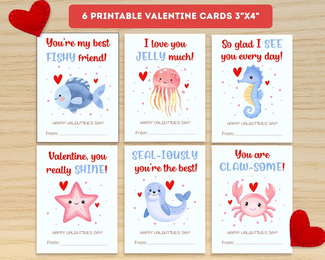 Sea Animal Valentine's Day Cards for Kids | Printable 6-pack (digital ...