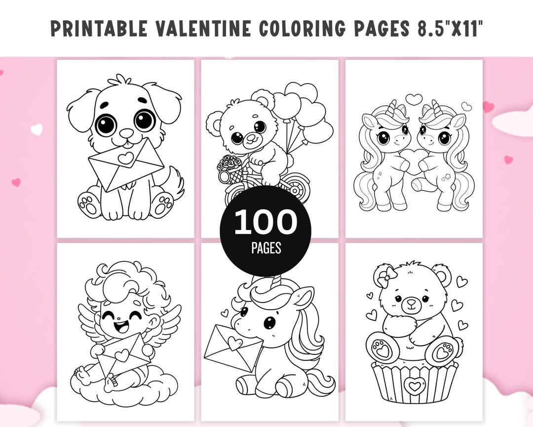 100 Valentine Coloring Pages, Kids' Printable Designs (PDF Download) - Etsy