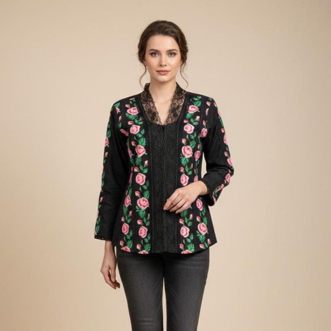 Handmade Black Cotton Embroidered Floral Top, Ethnic Jacket Style - Etsy