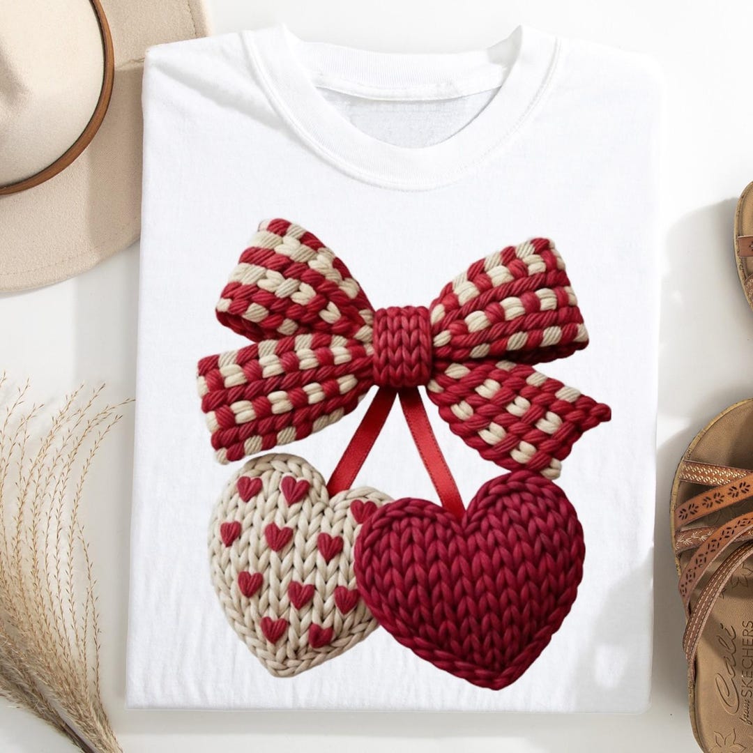 3D Knitted Crochet Effect Red White Bow, Charming Hanging Hearts ...