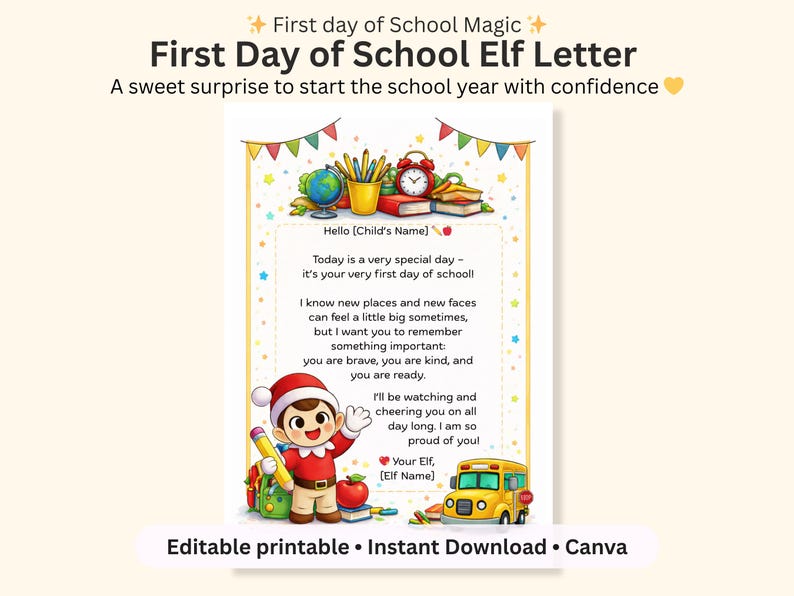 First Day of School Elf Letter Printable | Editable Back to School ...
