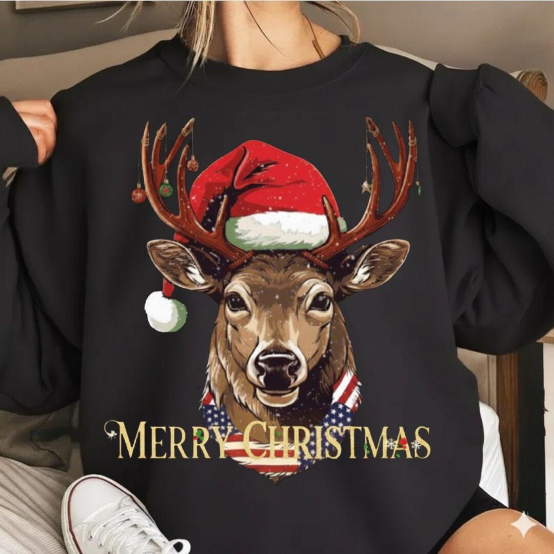 Patriotic Reindeer Head Clipart PNG With US Flag Scarf and Santa Hat ...