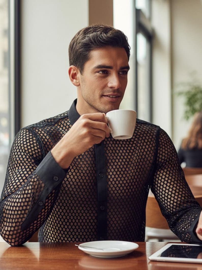 Mesh Shirt for Men Slim Fit – Modern Sheer Button up - Elegant See - Etsy