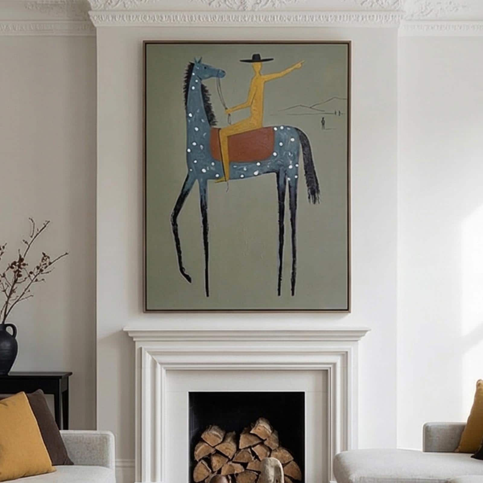 Large Green Minimalist Canvas Green Abstract Horse Rider Figure ...