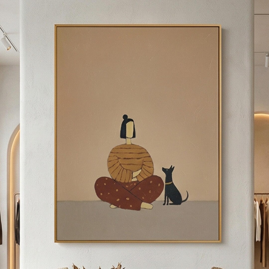 Minimalist Oil Painting of Girl With Dog, Wabi Sabi Wall Art, Handmade ...