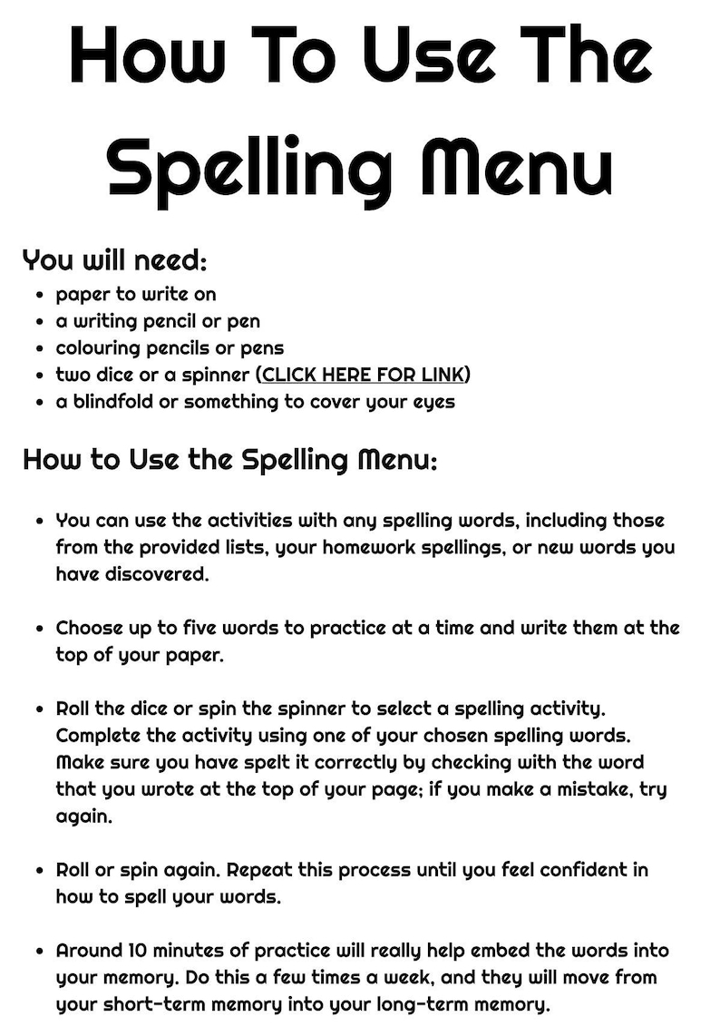 Spelling Menu - Learn Spellings the FUN Way. - Etsy