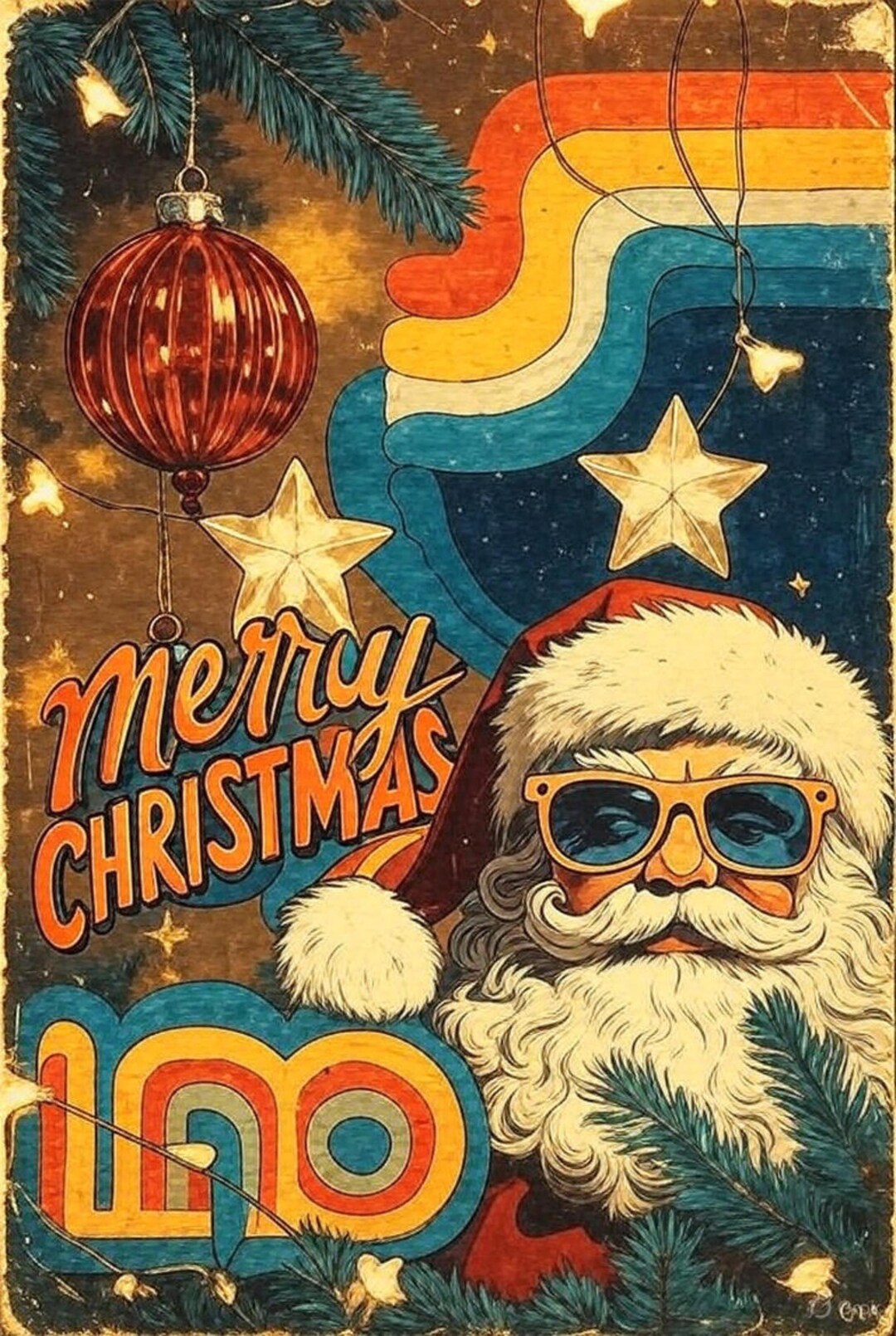 70s Retro Christmas Poster, Groovy Santa Claus Wall Art, Vintage Merry ...
