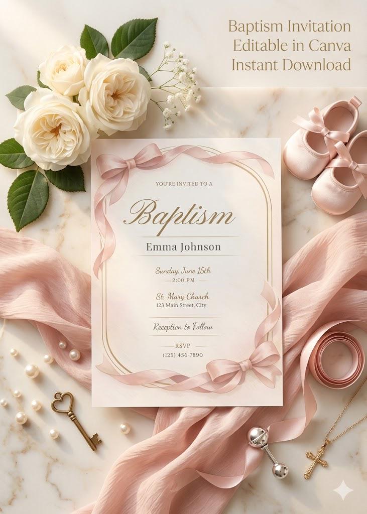 Pink Baptism Invitation Template Editable Canva Floral Ribbon Frame ...
