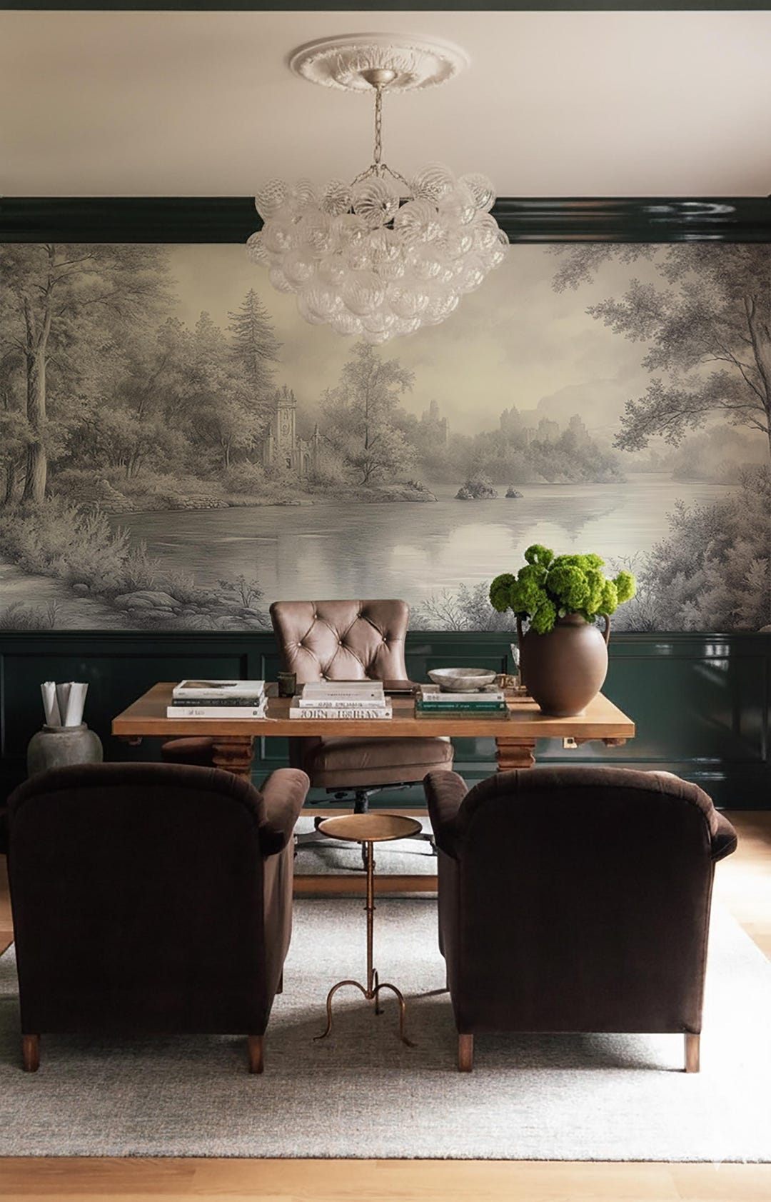 Vintage Grayscale Landscape Wallpaper Mural | Misty Forest Illustration ...