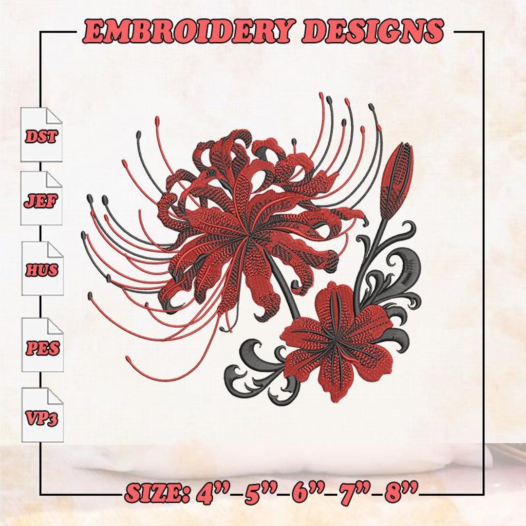 Spider Lily Embroidery Design, Flower Embroidery Design, 5 Size ...