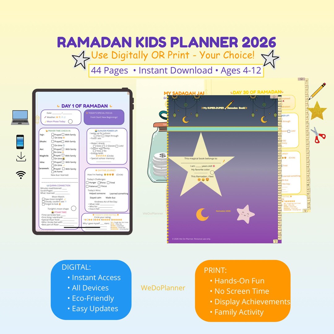 2026 Digital Printable Ramadan Planner for Kids | Eid Countdown, Moon ...